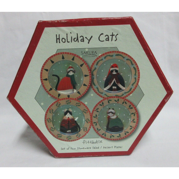 Sakura | Holiday | Sakura Christmas Holiday Cats Stoneware Dessert ...